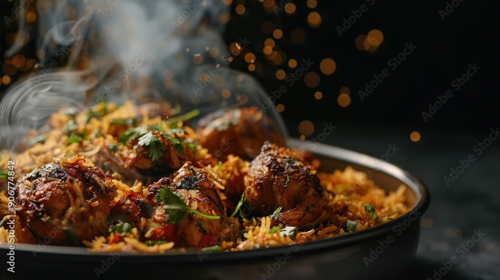 chicken biryani, Spicy chicken biryani food photography, flying food ...