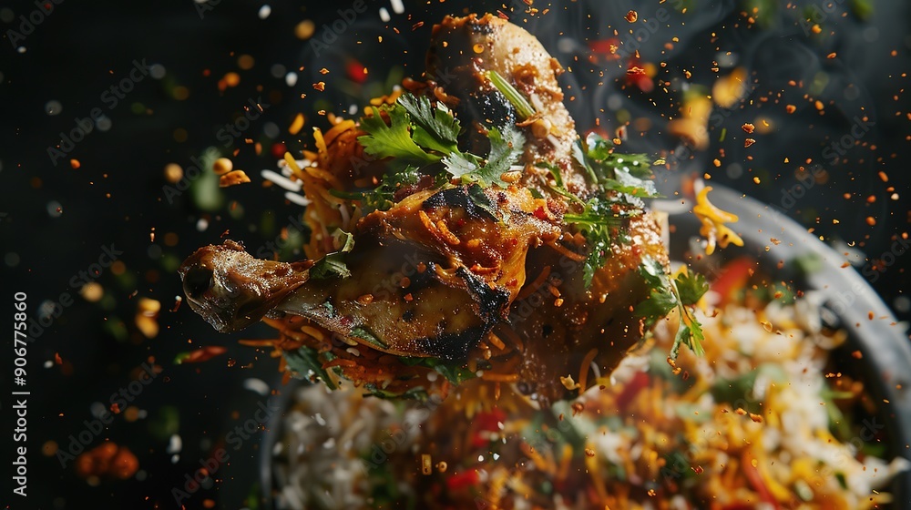 chicken biryani, Spicy chicken biryani food photography, flying food ...