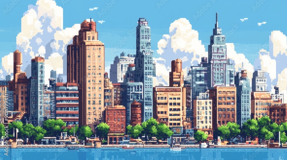 Classic 8-bit pixel art cityscape, evoking a nostalgic retro video game ...