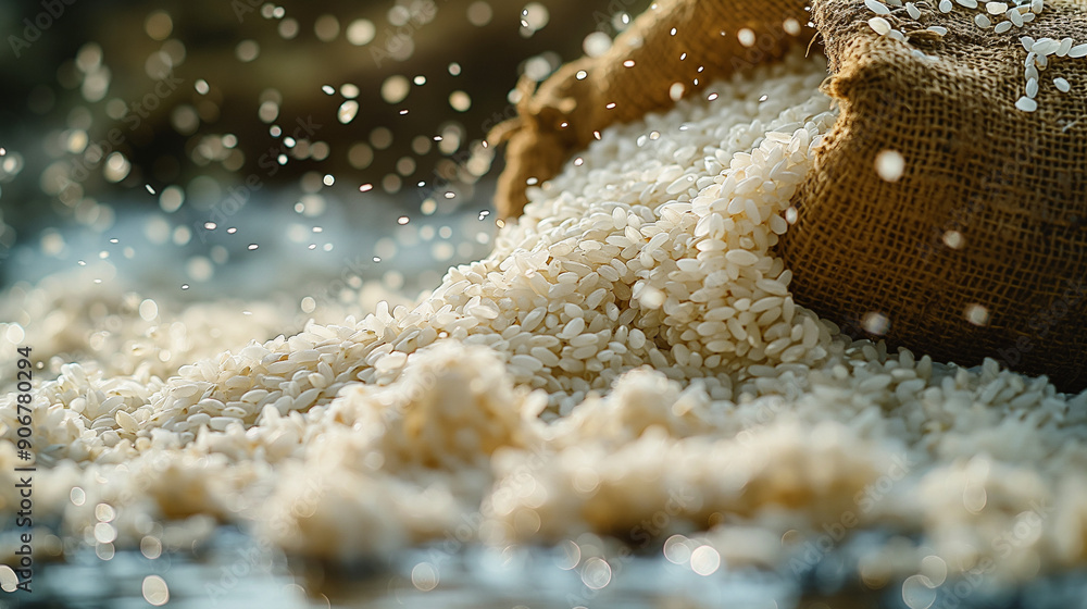 Rice grains falling from a sack. Featuring rice grains spilling out ...