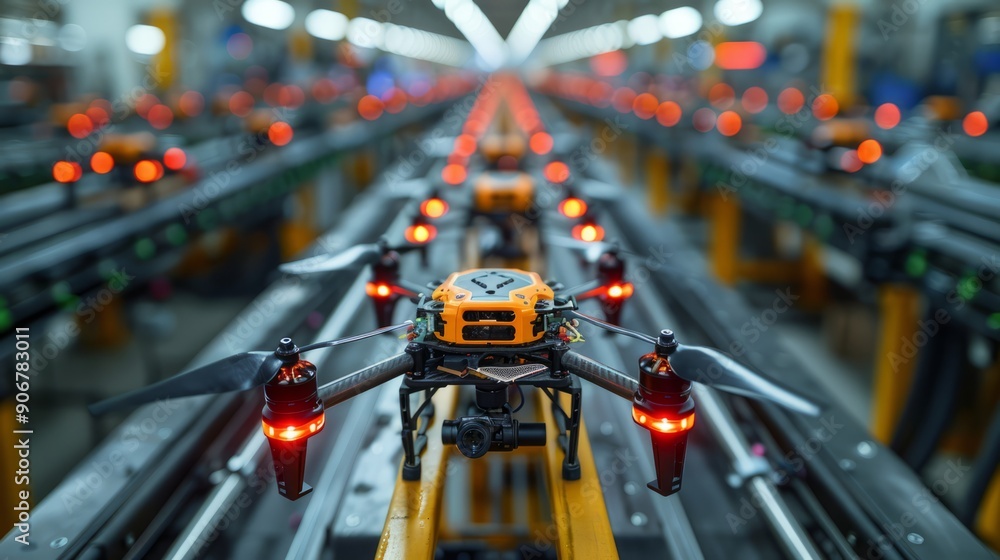 Drones with illuminated lights are aligned on a conveyor belt in a ...