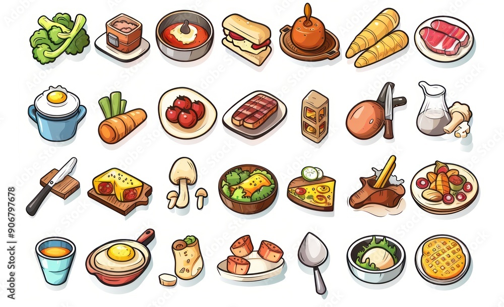 Cartoon food icons for restaurant menu design. Stock Illustration ...