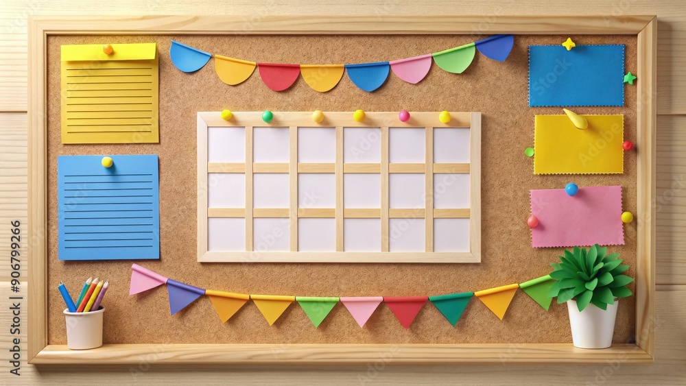 Playful paper cut bulletin board with class schedules and decorations ...