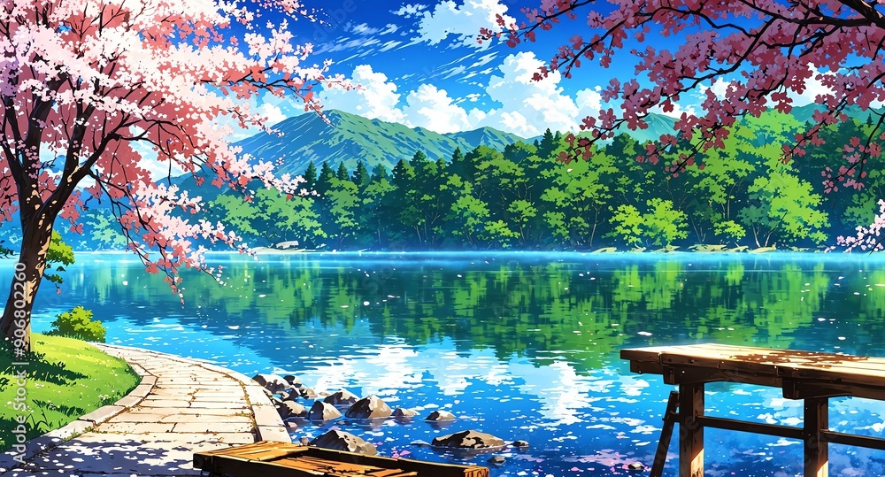 serene lakeside with cherry blossoms background panoramic wide angle ...