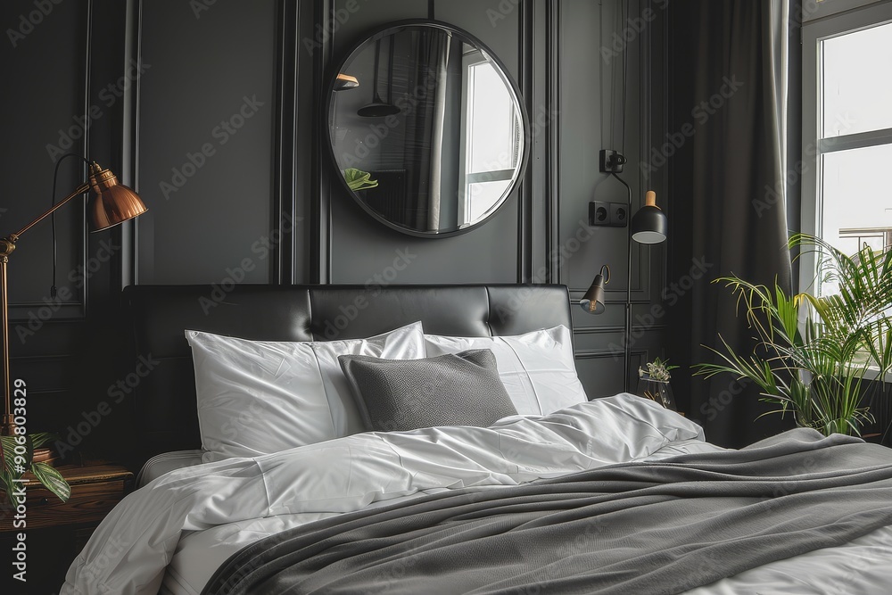 Black leather bed with white sheets and grey pillows in front of dark ...
