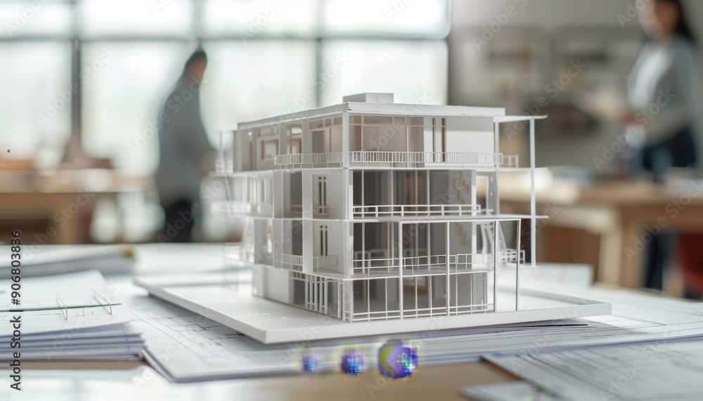 Architects designing construction with blueprint and 3d model of ...