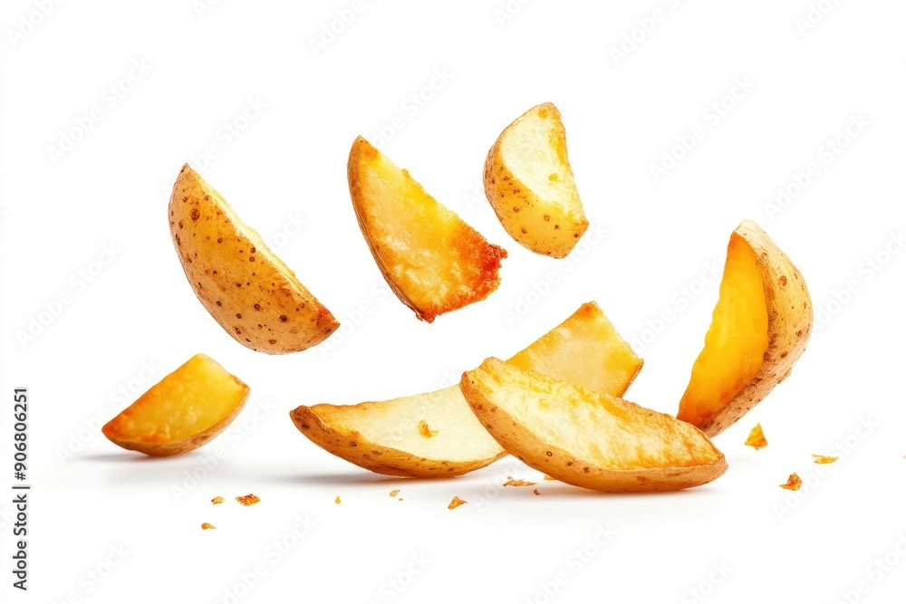 Falling fried Potato wedges, isolated on white background, full depth ...