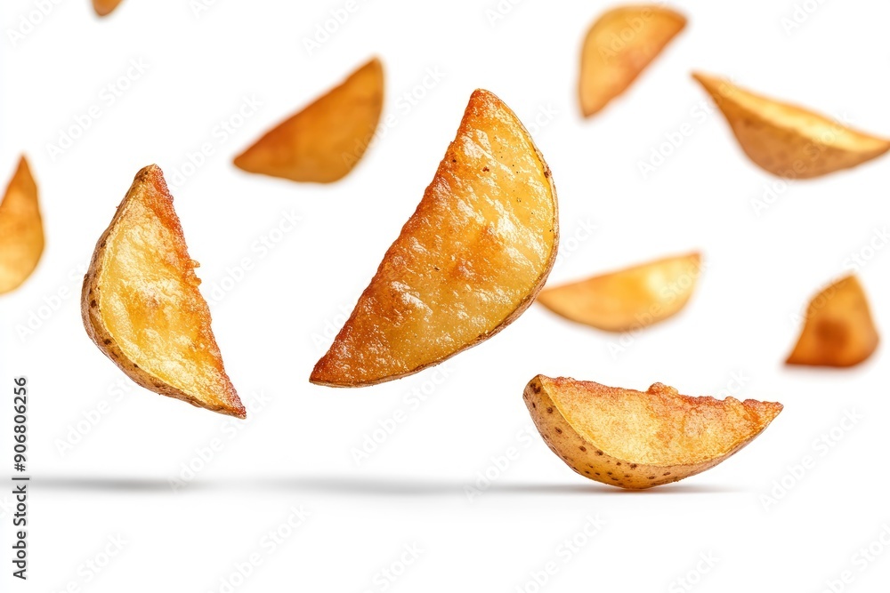 Falling fried Potato wedges, isolated on white background, full depth ...