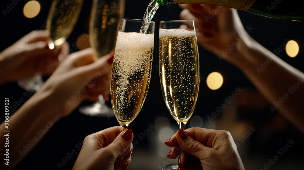 Champagne Sparkling wine Prosecco is poured into Glasses afterward and ...