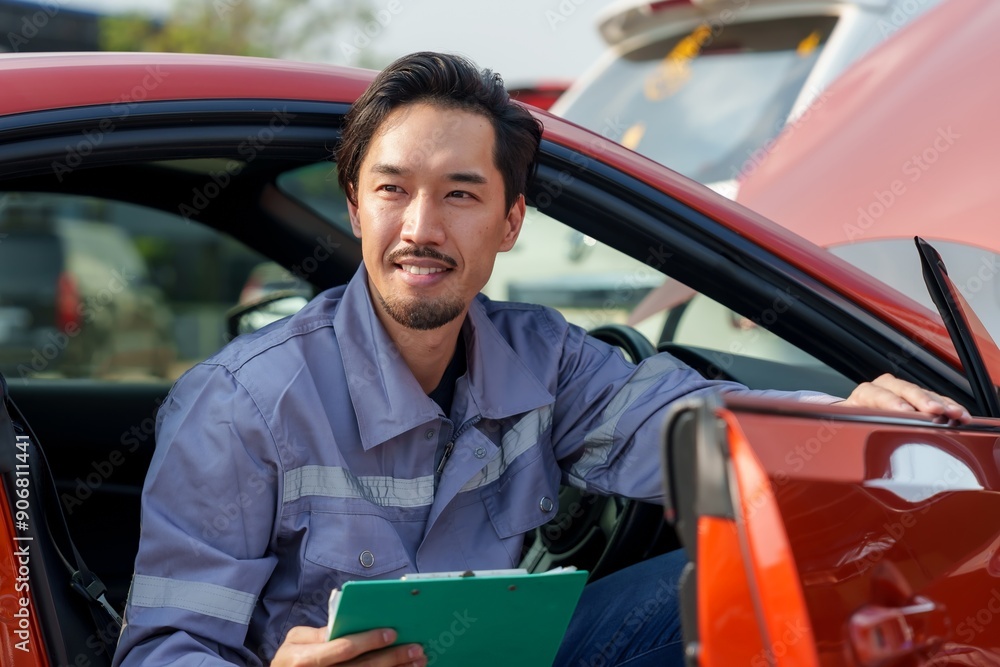 Asian male insurance officer uniform holding clipboard outside a red ...