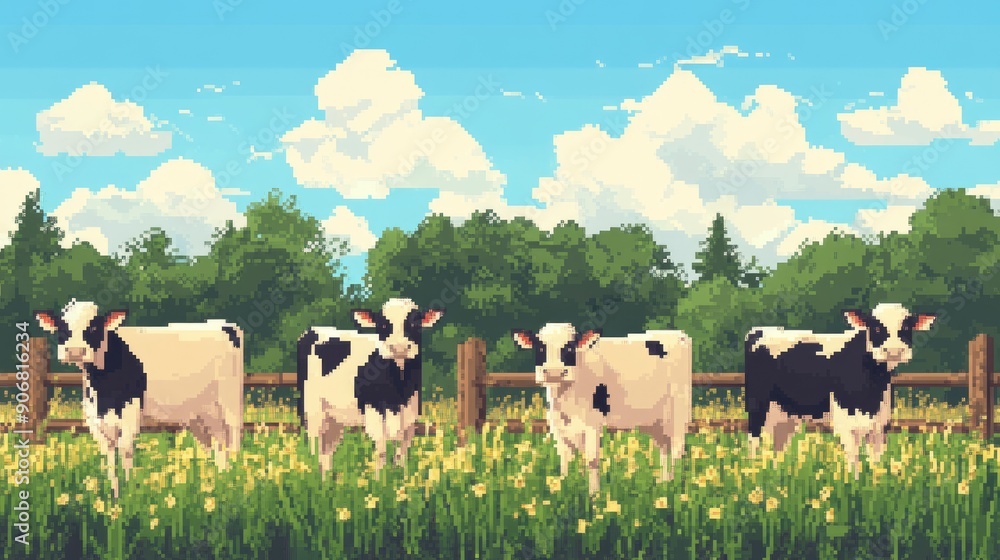Nostalgic 8-bit pixel art of cows in a digital farm setting, perfect ...