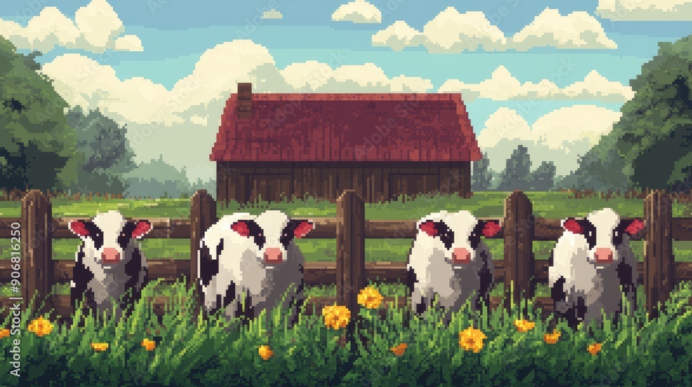 Nostalgic 8-bit pixel art of cows in a digital farm setting, perfect ...
