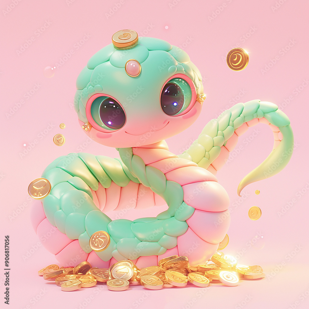 2025 cartoonish green and pink snake is sitting on a pile of gold coins ...