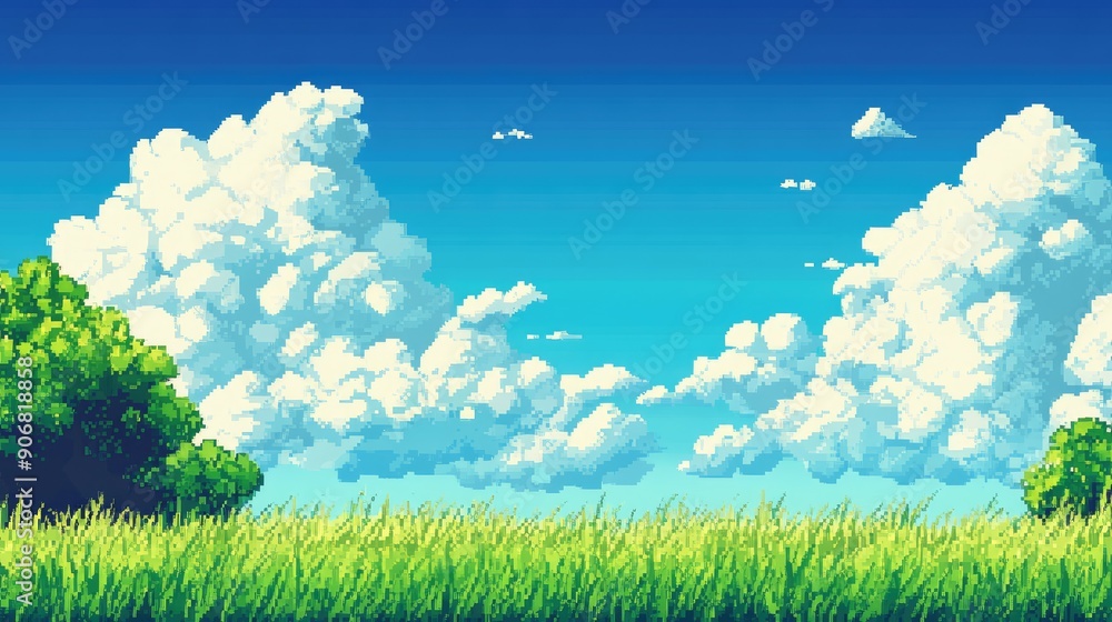 Pixel art landscape game background with blue sky, clouds, and grass ...