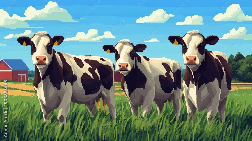 Pixelated cows in a retro 8-bit farm, combining nostalgic charm with ...