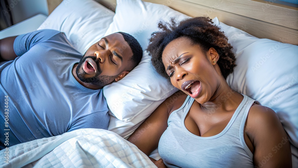 Couple in bed, one snoring loudly while the other struggles to sleep ...
