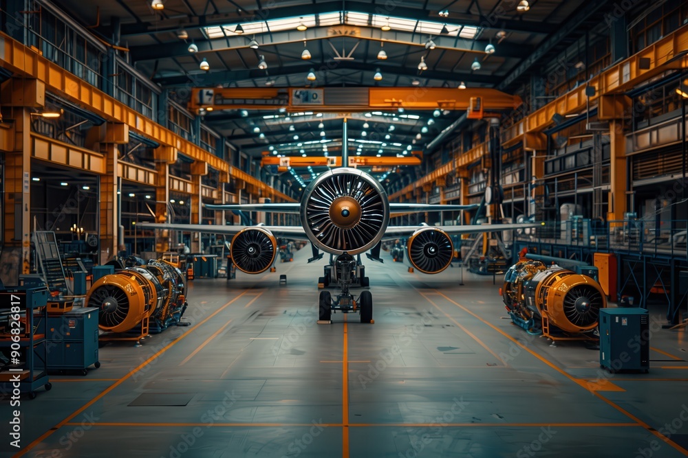 Aircraft in Assembly Hangar. Front view of an airplane in an assembly ...