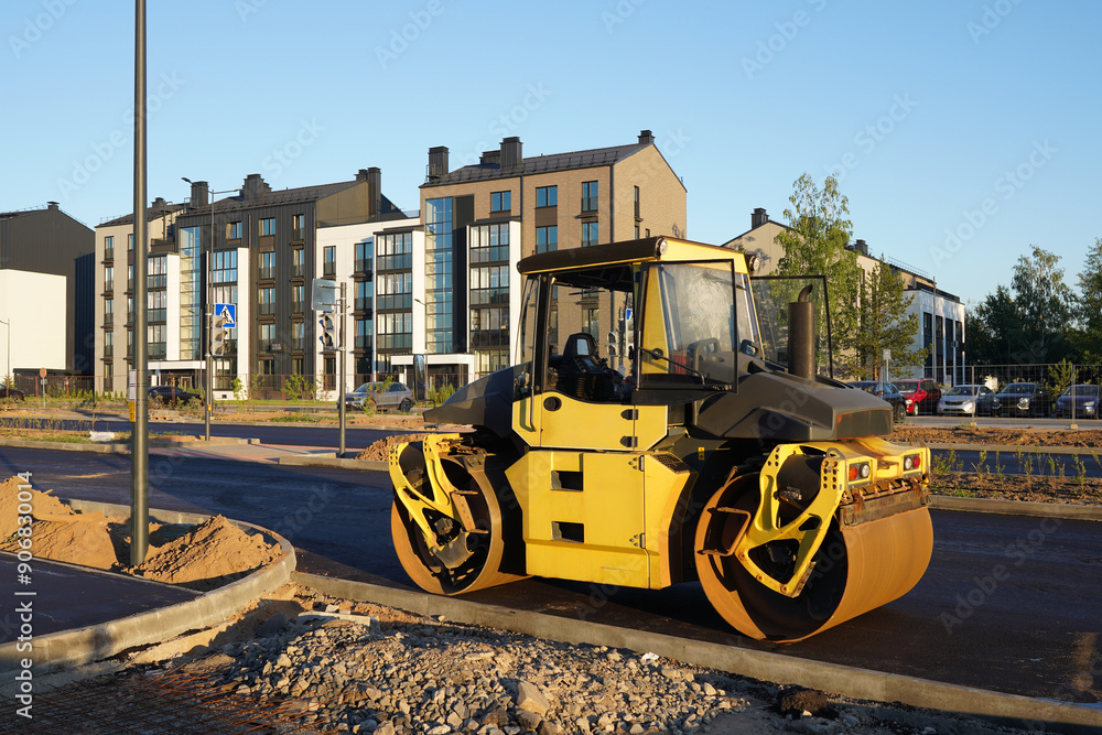 Steamroller, Vibration roller compactor on press asphalt road. Steam ...