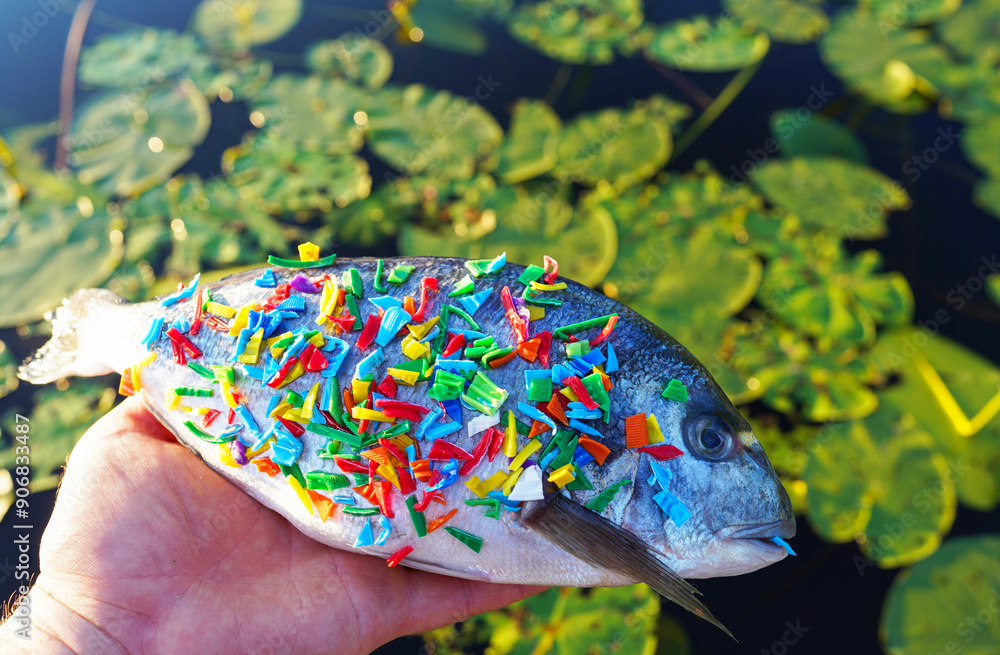 Microplastics in Fish. Dead fish in sea, eats plastic waste. Ocean ...