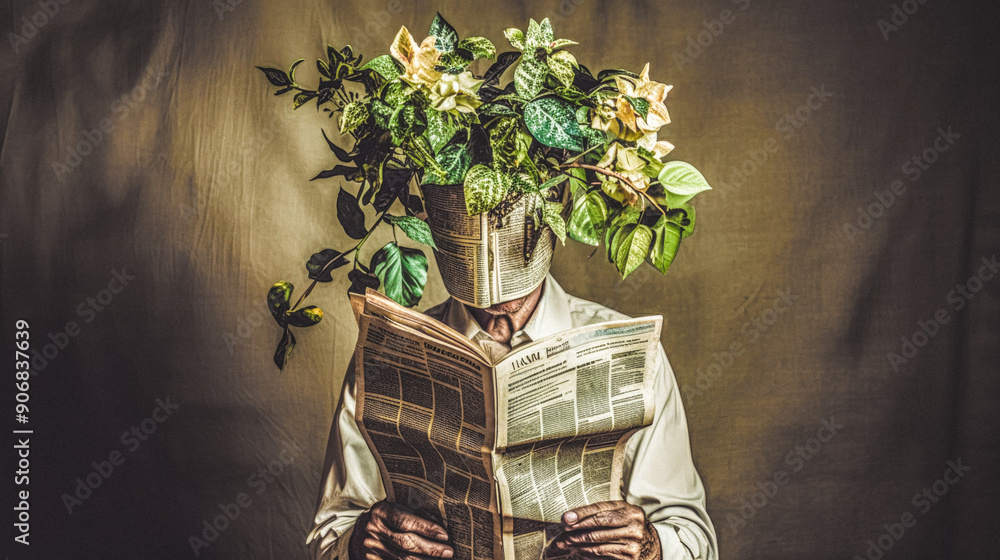 old man sitting and reading a newspaper with his face wrapped into a ...
