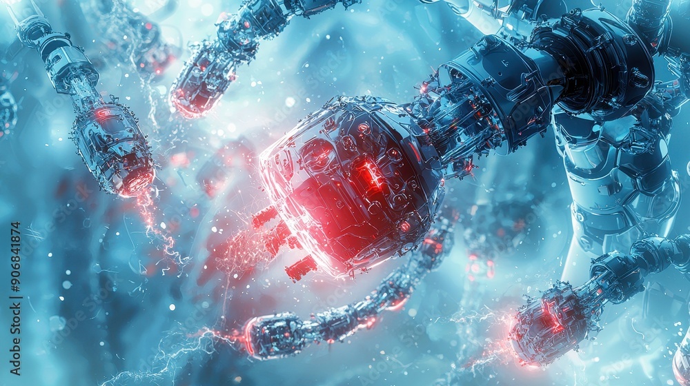 A computer-generated image of a nano-scale robot swarm performing ...