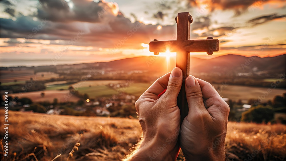 Sunrise Over Mountains Illuminates a Hand-Held Cross, Portraying Faith ...
