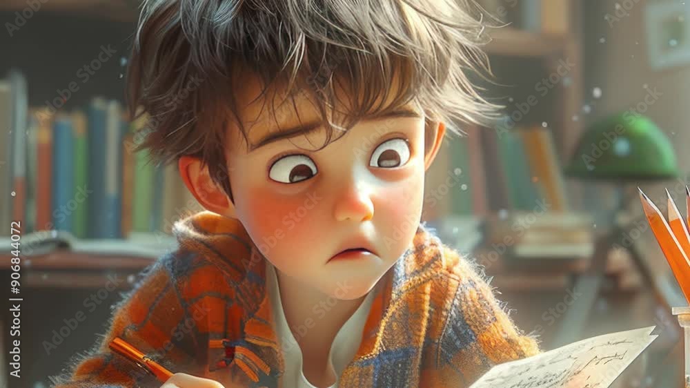 Little boy feeling stressed while doing his homework, capturing the ...