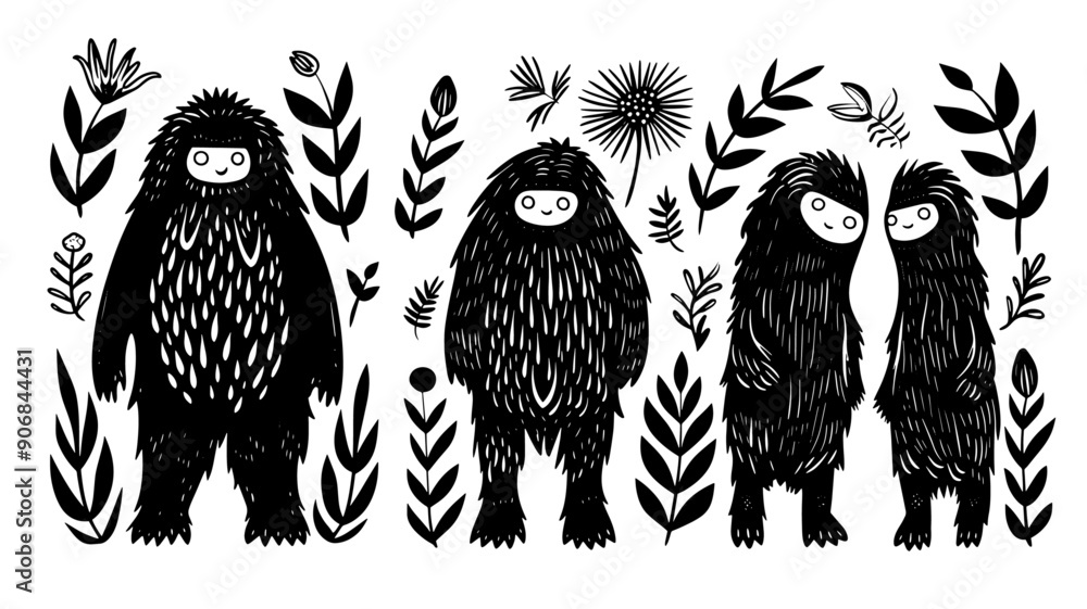 Doodle black linocut cute cryptozoology cryptid monster set nature ...