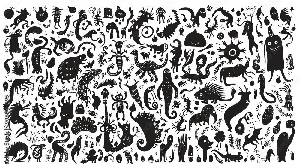 weirdo doodle black linocut cute cryptozoology bones skull bones nature ...