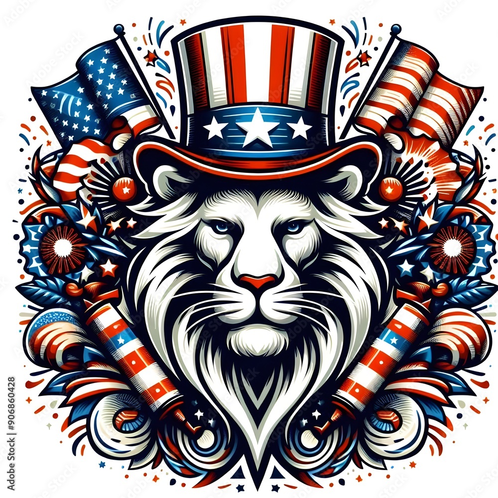 Patriotic Lion with Uncle Sam Hat and Fireworks Stock Photo | Adobe Stock