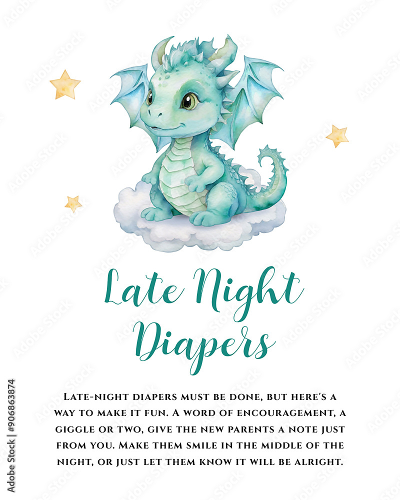 Cute baby dragon watercolor late night diapers poster, nursery Stock ...