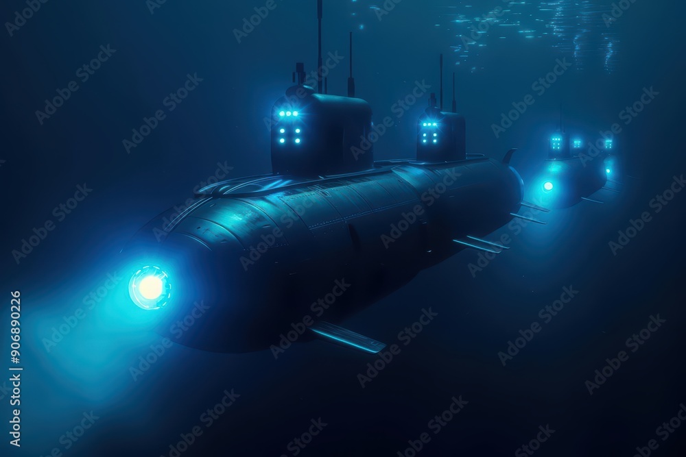 Ultramodern submarines explore an underwater supernatural scene where ...