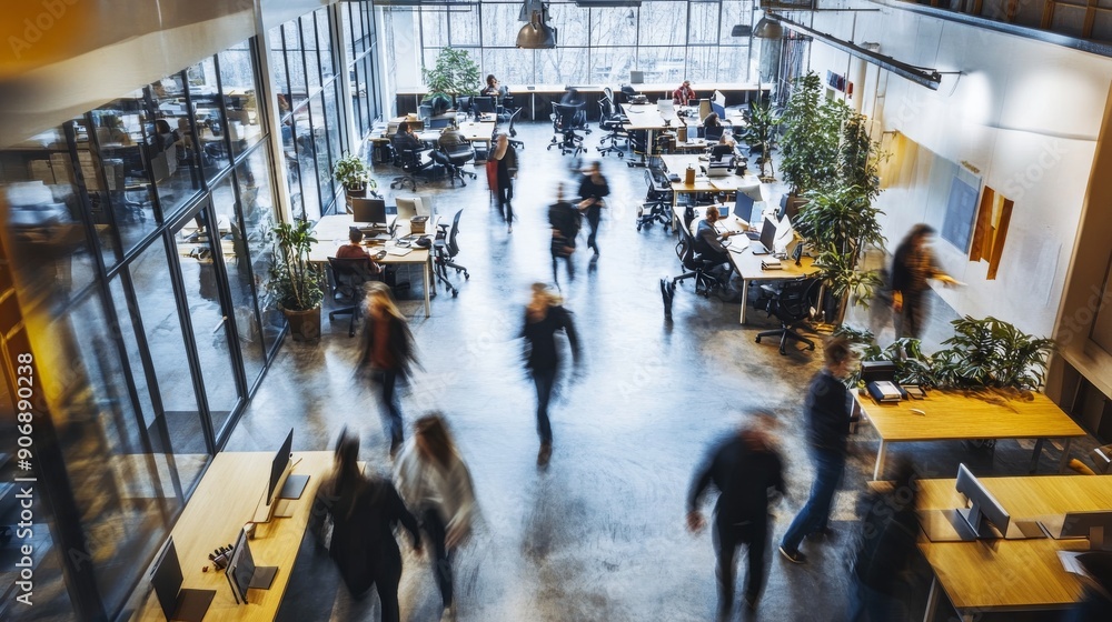 Employees actively navigate a busy office floor, moving between desks ...