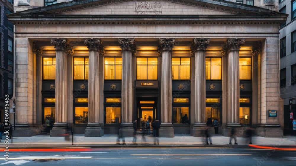 People enter the grand bank building featuring classical architecture ...