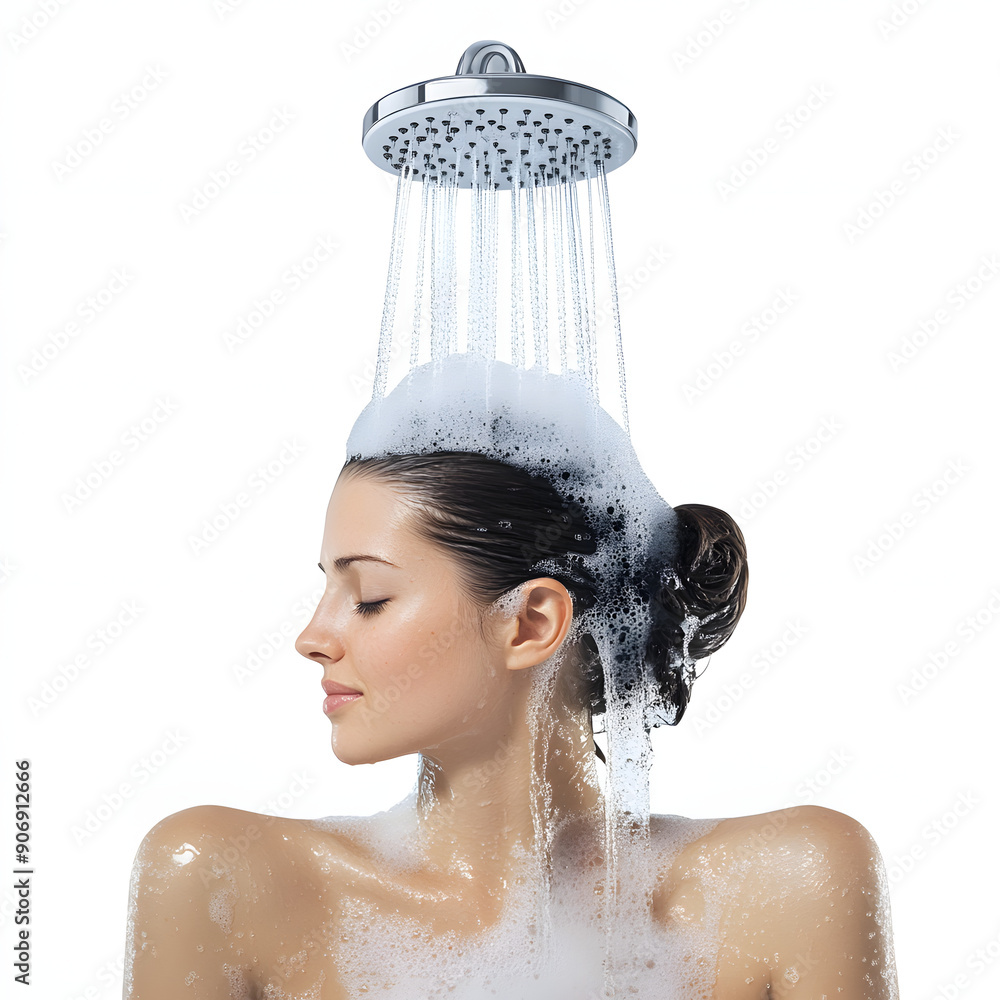 woman rinsing shampoo from her hair in a bathtub. the water is flowing ...