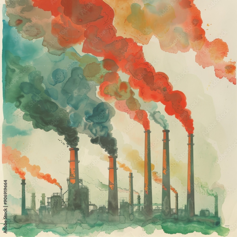 Toxic emissions into the atmosphere illustrated by industrial chimneys ...