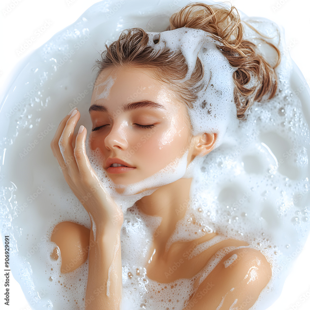 woman rinsing shampoo from her hair in a bathtub. the water is flowing ...