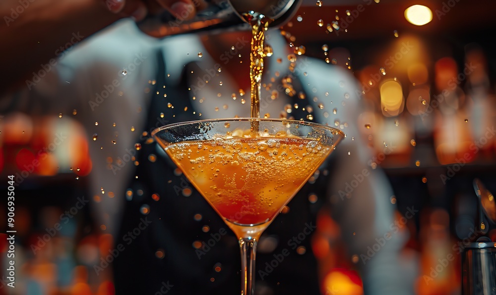The bartender, a symbol of nightlife, pours alcohol from a shaker into a martini glass, crafting ...