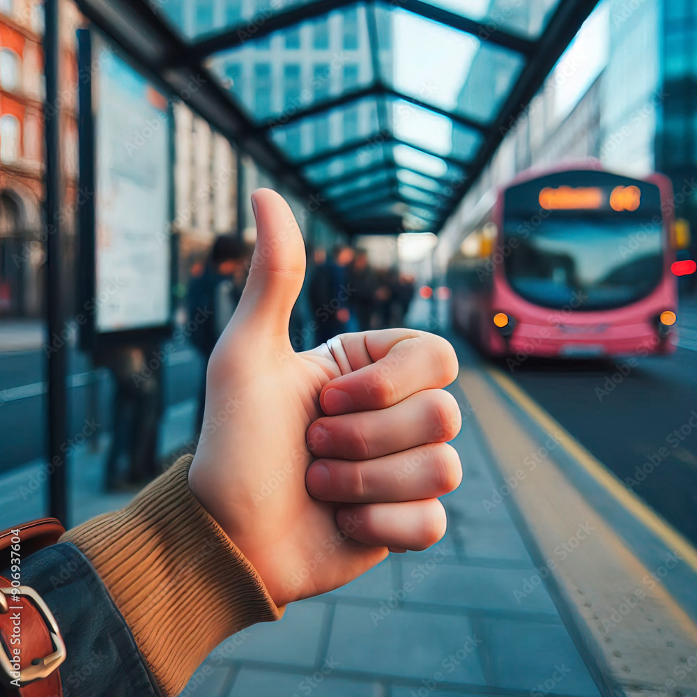 Hand giving a thumbs-up gesture at a bus stop in an urban setting ...