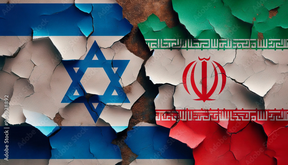 Flags of Israel and Iran on cracked surface. The juxtaposed flags of ...