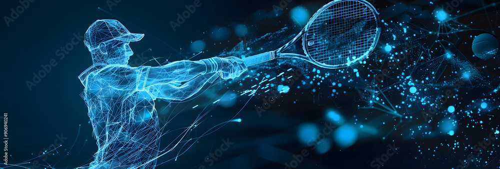 technology in tennis sports, a digital blue low poly tennis player with ...