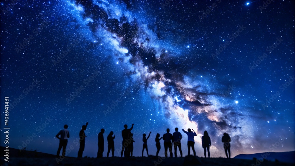 Dark Blue night sky with star Milkyway Space background and silhouette ...