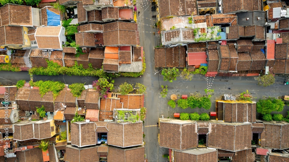 Aerial view of traditional Southeast Asian neighborhood focusing on ...