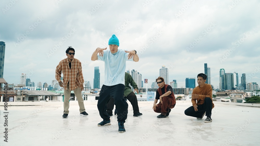 Professional break dance team practice B-boy dance while multicultural ...