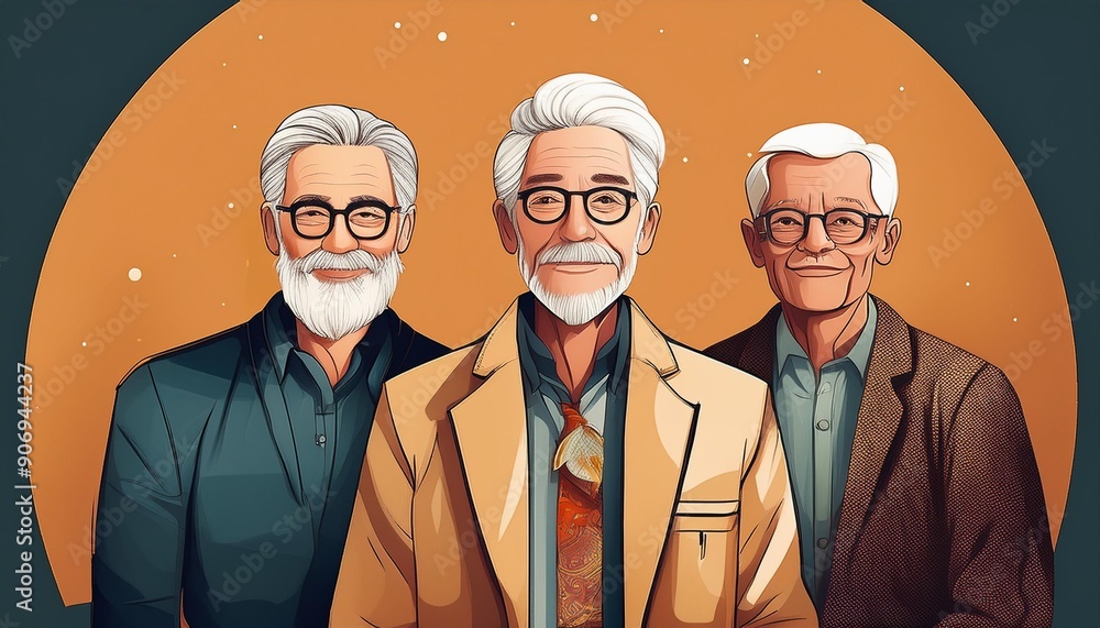 Three elderly men with glasses and white hair, wearing different attire ...