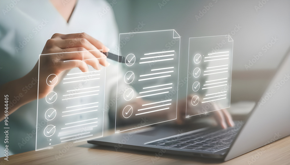 Electronic document management and Paperless workplace concept, Women ...