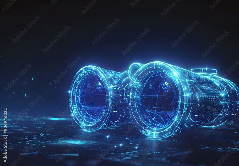 Digital blue binoculars with data streams, AI in visual recognition ...