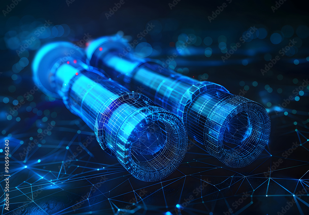 Digital blue binoculars with data streams, AI in visual recognition ...