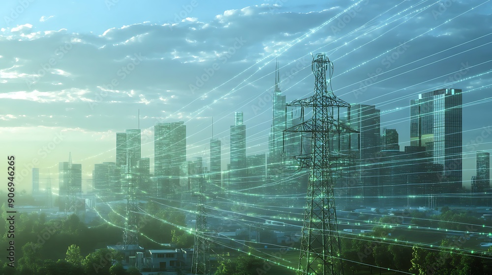 Smart grid city with efficient energy distribution, depicting smart ...