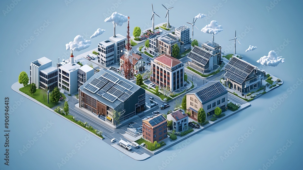 Smart grid city with efficient energy distribution, depicting smart ...